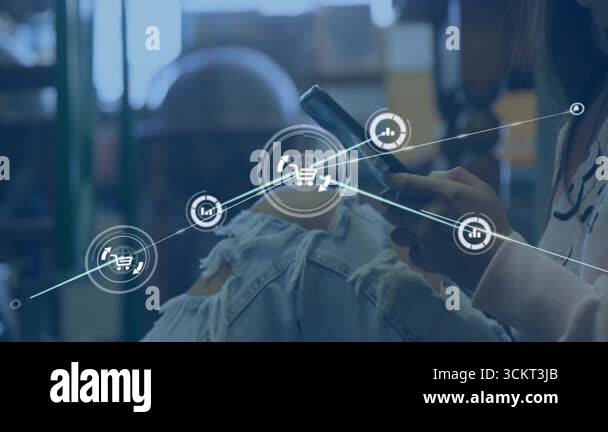 Woman glancing at smartphone and initiating animated e-commerce ...