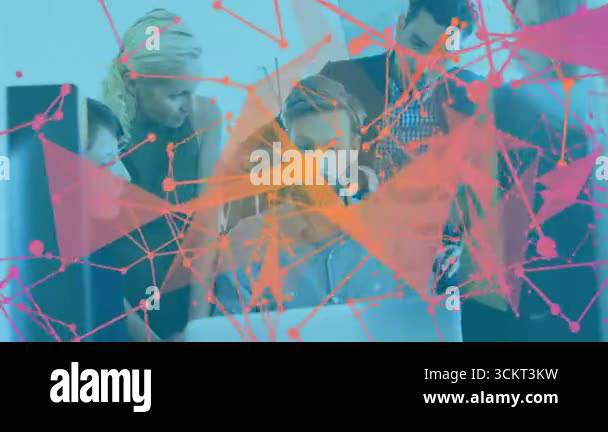 Mid adult man typing laptop showing network overlay for tech project as team pointing ...