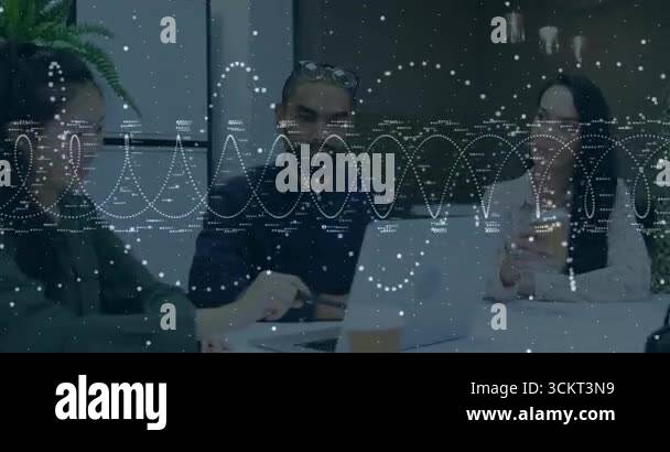 Team unfolding laptop pointing chart tapping phone while waveform ...