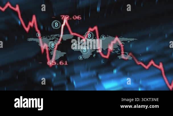Opening red chart line sweeping map, Bitcoin icons pulsing and labels ...