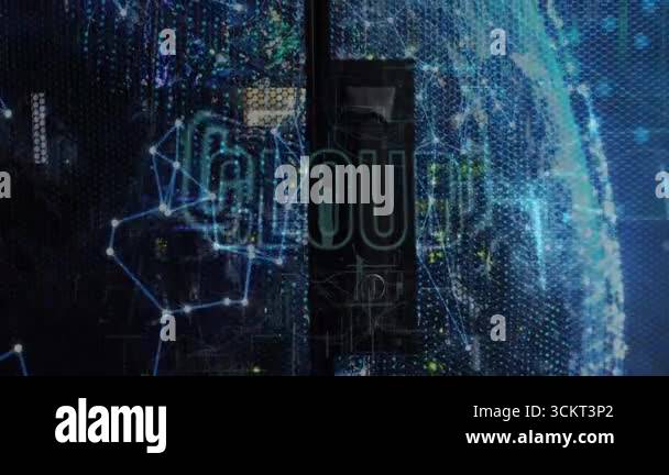 Neon-blue nodes lighting and linking starting letters forming CLOUD and ...