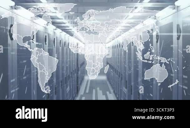 Server aisle idling before world map overlay expanding connecting nodes ...