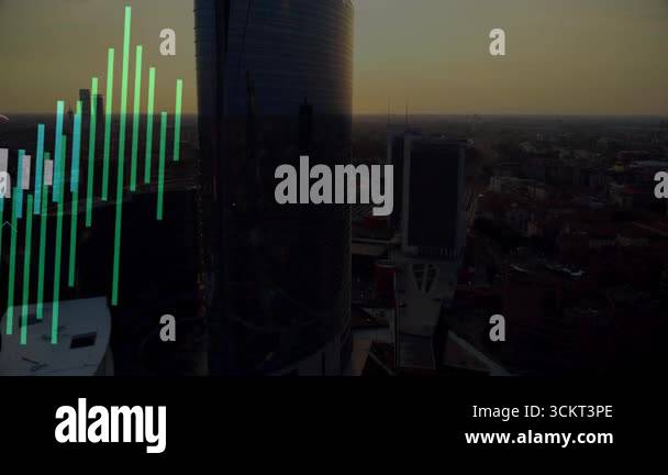 Sun nearing horizon starting data bars emerging and line tracing live financial trends over ...