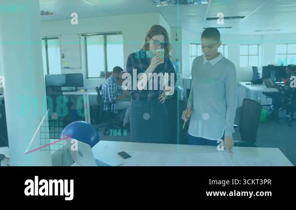 Two women reviewing plans at business desk when rising data bars and line graphs boosting ...