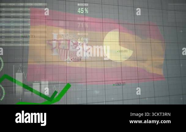 Opening Spanish flag filling grid showing labels and charts animating ...