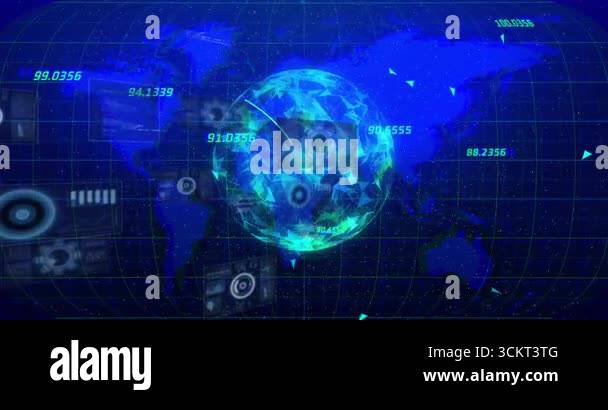 Curved arc sweeping 3D globe triggers UI panels appearing and data HUD ...