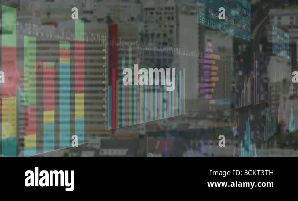 Opening overlay showing colorful bars fading in line graph drawing ticker scrolling pie ...