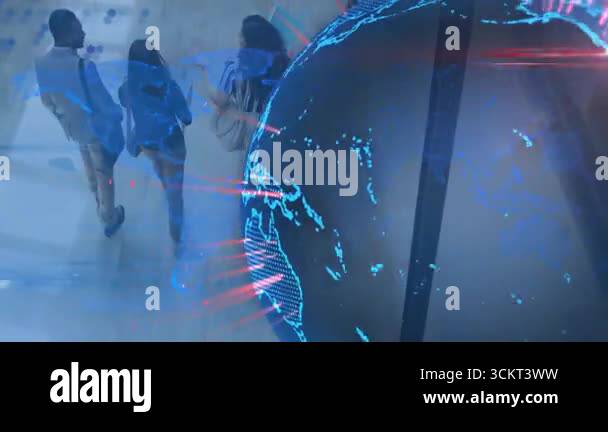 Tech team walking hall initiating rotating globe pulsing lines mapping network then framing trio ...