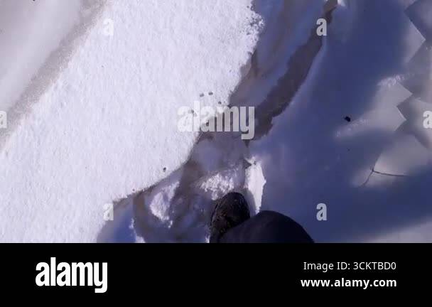 Cautious traveler walking across fragile, snow covered ice surface ...