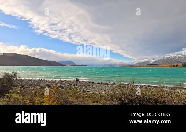 Turquoise lake with choppy waves, thorny shrubs in foreground, snow ...