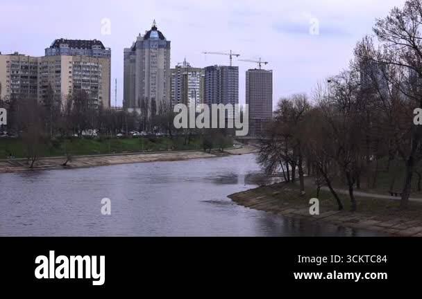 Urban landscape showing the Dnipro river channel and the Rusanivka area ...