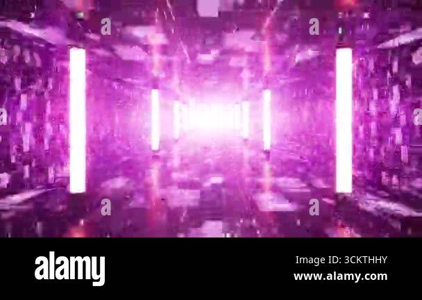 CGI flythrough of digital tunnel with glowing particles in dark space ...