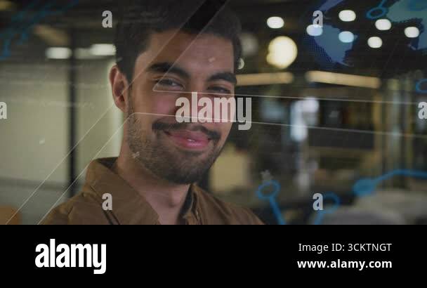 At start engineer behind clear glass visualizing data with animated diagram building across ...