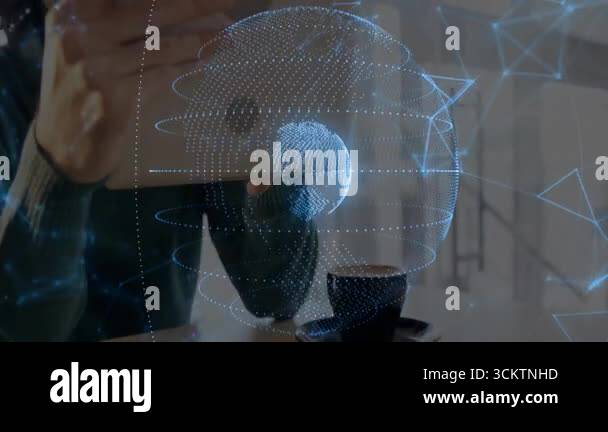 Man lifting tablet and tapping screen while spinning holographic 3D ...