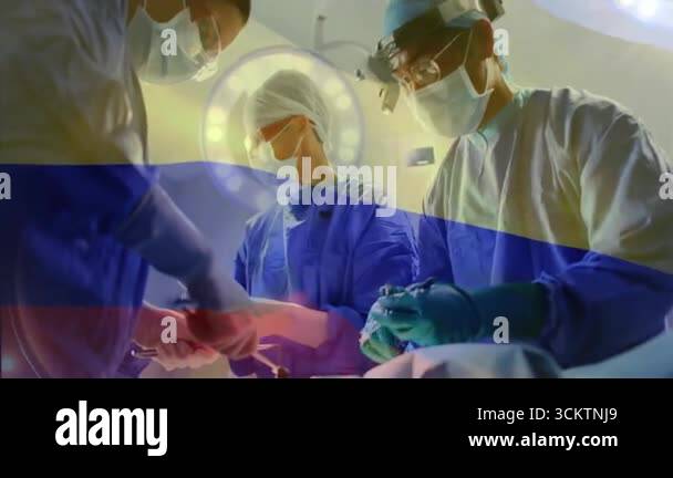 Male surgeon reaching for forceps with animated icons initiating team ...