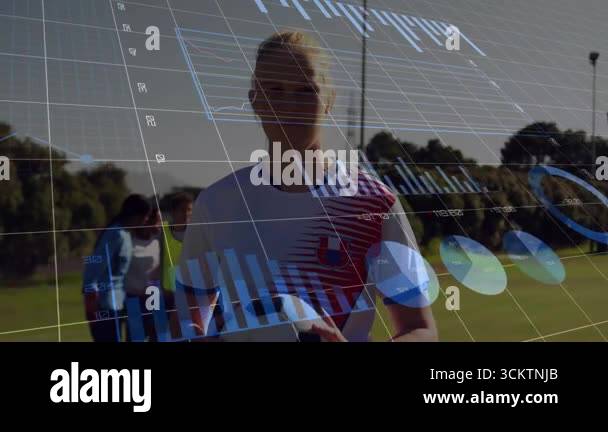Female soccer player analyzing metrics with animated charts after grid ...