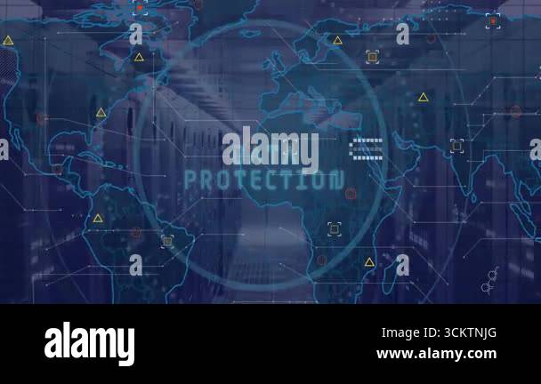 Data Protection Fading Map Overlaying Hud Pulsing And Fingerprint Scanning Securing Data