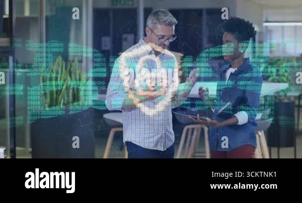 Coworkers tapping tablet in tech lounge activating padlock icon ...