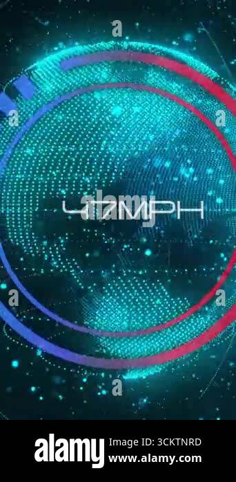 Animation of speedometer over globe and light spots on black background. Global technology ...