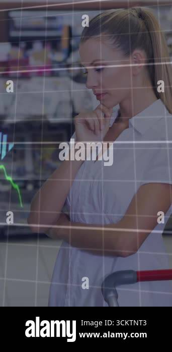 Animation of data processing over caucasian woman with trolley in shop. global business ...