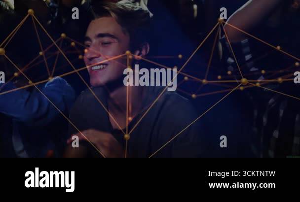 Man tapping table dancing in club music tech as network overlay pulses ...