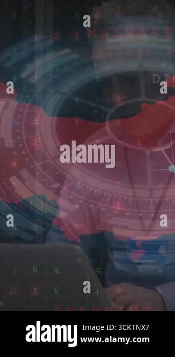 Animation of data processing and globe over server room. Medical ...