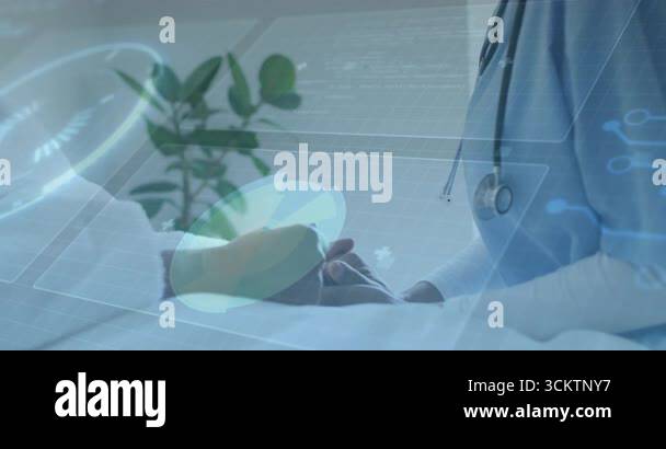 Doctor initiating medical scan guiding hand over patient's fingers ...