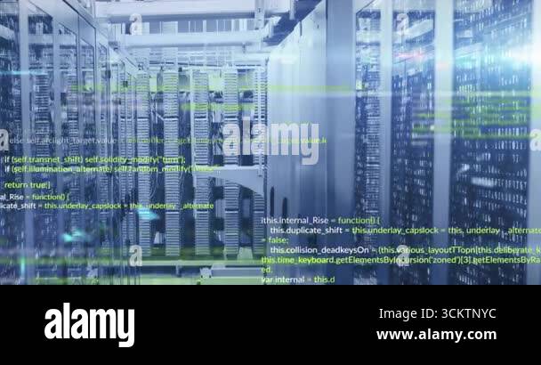 On system start, 3D server aisle unchanged, green code streams drifting and visualizing data ...