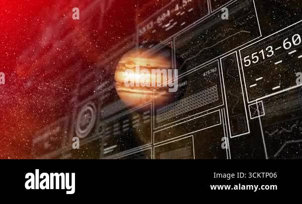 On red nebula opening 3D gas giant planet emerging HUD panels sliding in pulsing numeric ...
