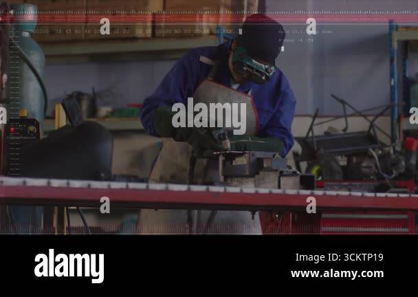 Metal fabricator clamping metal, grinding with angle grinder, sparks erupting, hex code ...