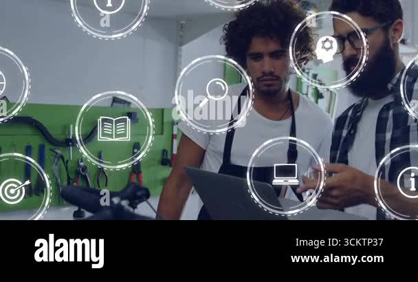 Technicians leaning over laptop and cycling interface icons while choosing bar chart for repair ...