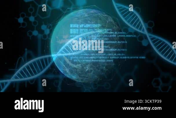 On start globe fading into view while DNA helix emerging and code streaming visualize data ...