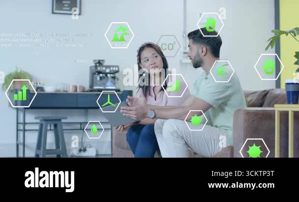 Woman and man swiping and tapping tablet launching hexagons updating ...