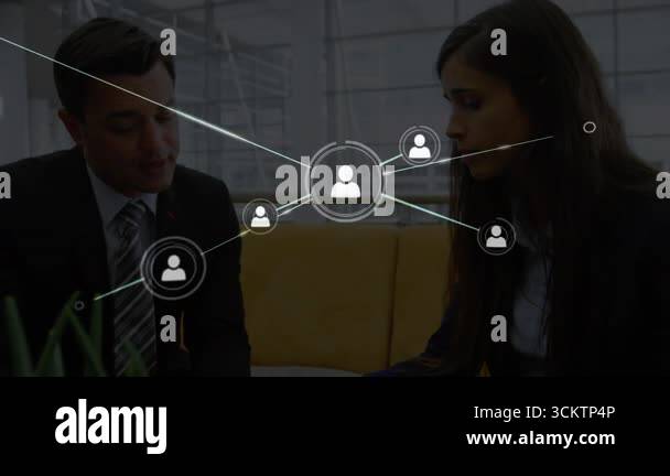 Business coworkers tapping smartphone and watching user icons growing ...