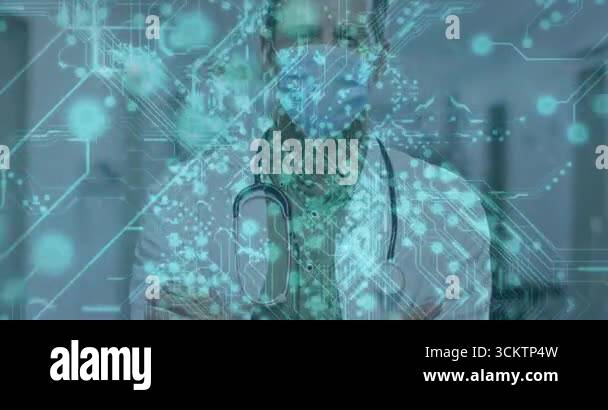 Digital overlay shifting to reveal masked doctor with stethoscope ...