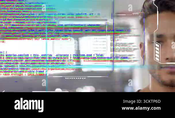 IT professional initiating flickering data panels glitching code streams collecting finance data ...