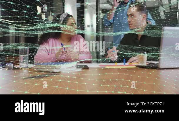 Woman tapping pen activating network overlay as colleagues annotating ...