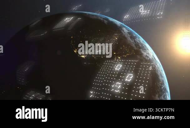 Sunlight peeking from right horizon initiating grid pulsing binary over Earth visualizing data ...