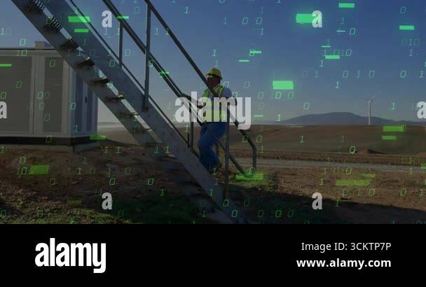 Field technician stepping up stairs, digital overlay growing around ...