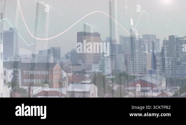 On start, chart bars rising, fading, line graph scrolling over skyline ...