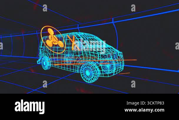 Amber warning icon fading into view rotating around cyan wireframe van ...