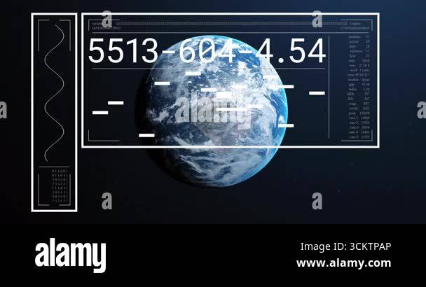 Upon white frame scanning Earth, data panels cycling codes and displaying orbit data for ...