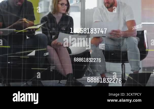 Coworkers scanning data overlay until colleague entering sharing tablet ...