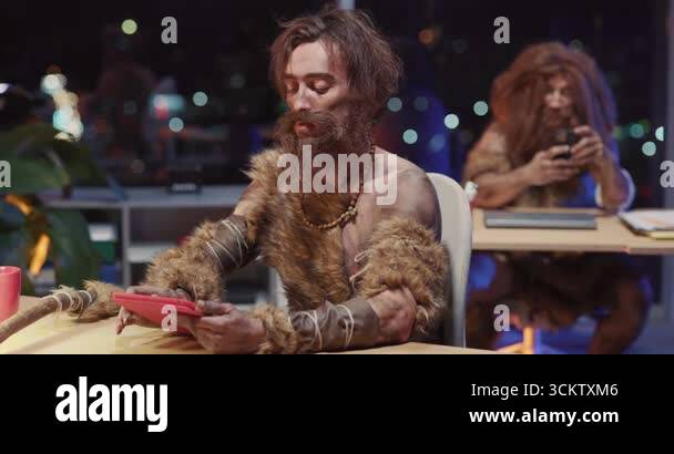 Ancient Human Young Caveman Using Tablet Technology Interacting Modern ...