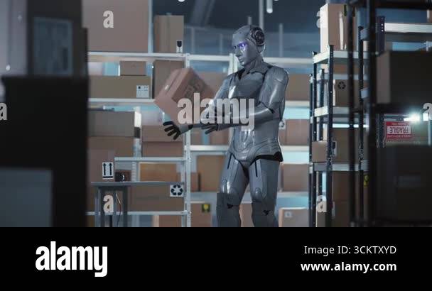 Operative future cybernetic silver robot carrying delivery boxes and ...