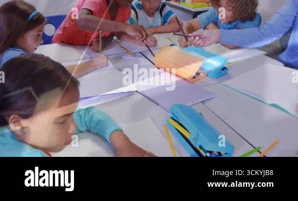 Teacher offering pencil and guiding students sketching on paper at hex ...
