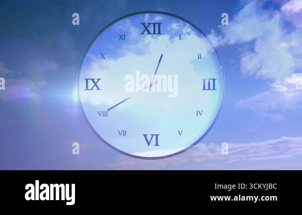 Second tick sending clock hands swinging across Roman numeral face ...