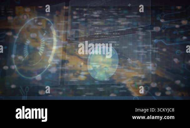 Night traffic trails starting overlay fading, code scrolling, gauge pulsing and pie chart ...