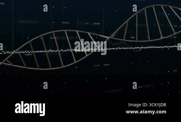 DNA helix entering view waving and aligning particles fading numeric ...
