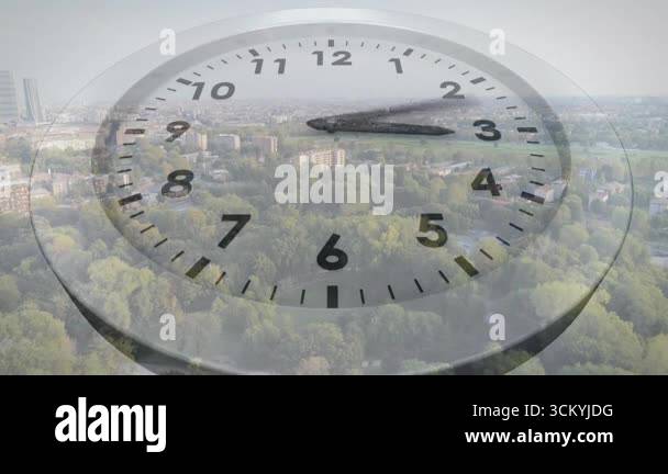 Transparent clock hands starting at twelve sweeping over park panorama ...